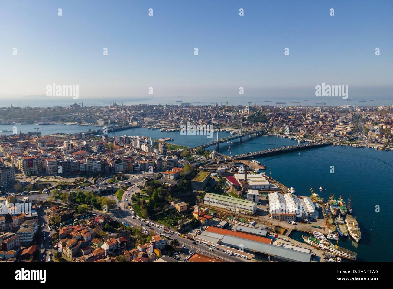 Aerial view of the Golden Horn waterway with Ataturk Bridge and Galata ...