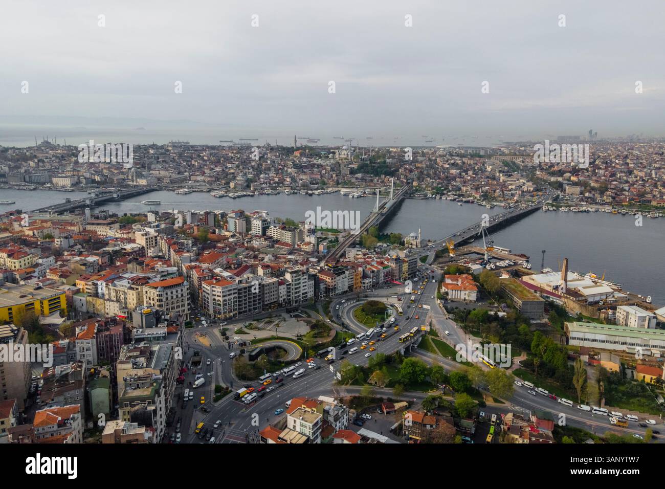 Aerial view of Ataturk bridge and Galata bridge crossing the Golden ...