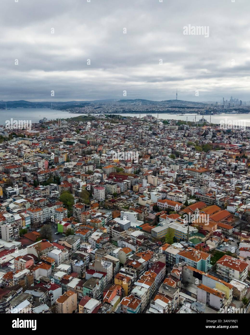 Aerial view of a large residential district in Istanbul downtown at ...
