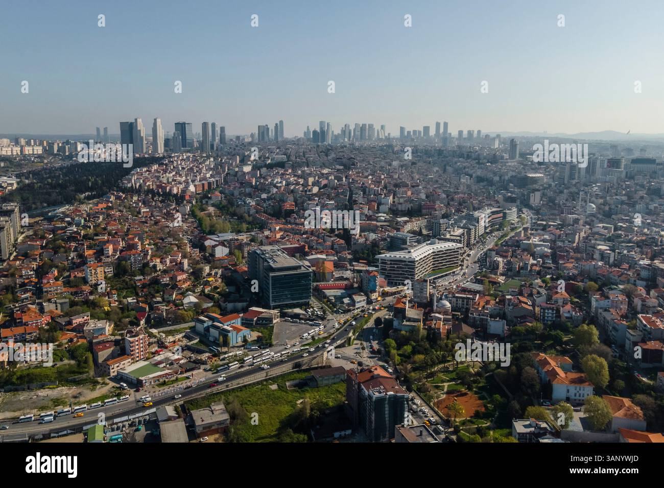 Aerial view of Beyoglu district with tall buildings from a financial ...