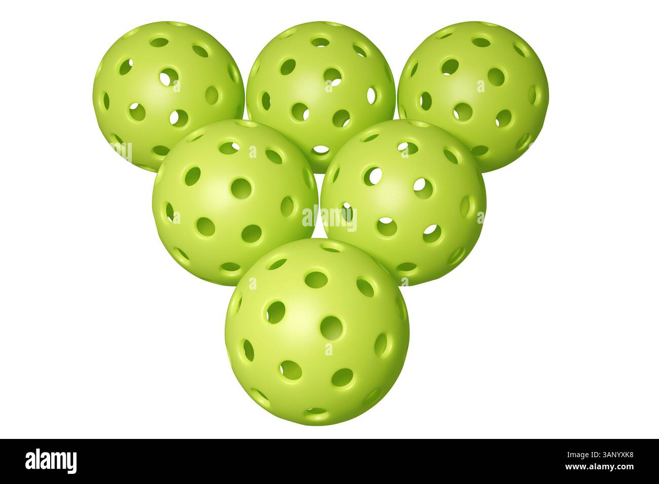 A collection of green pickleball balls on an isolated background. 3d ...