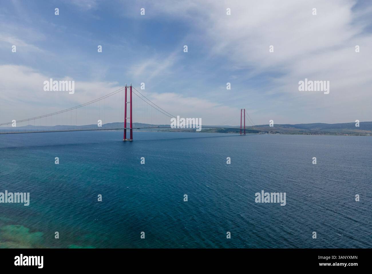 Aerial view of Canakkale Bridge crossing the Dardanelles Strait on ...