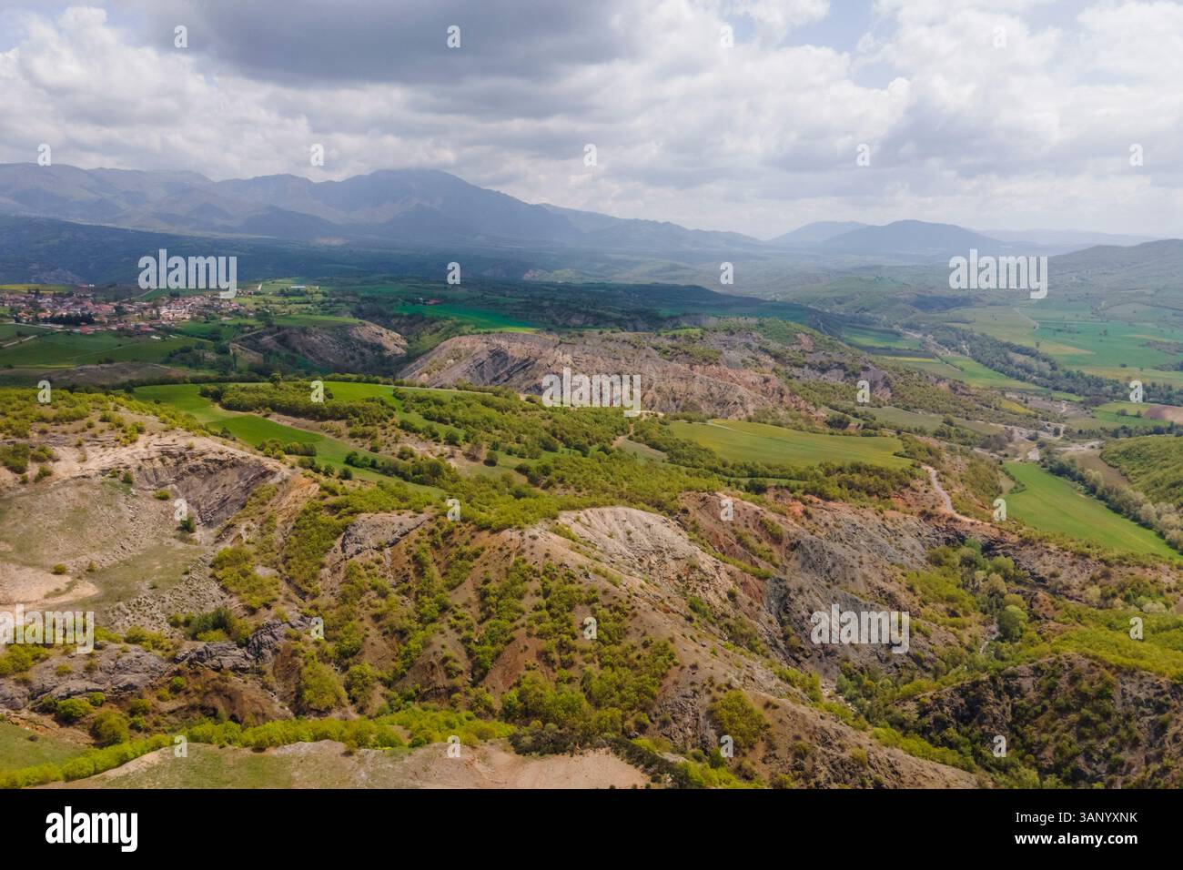 Aerial view of hilly landscape near Taxiarchis, Western Macedonia ...