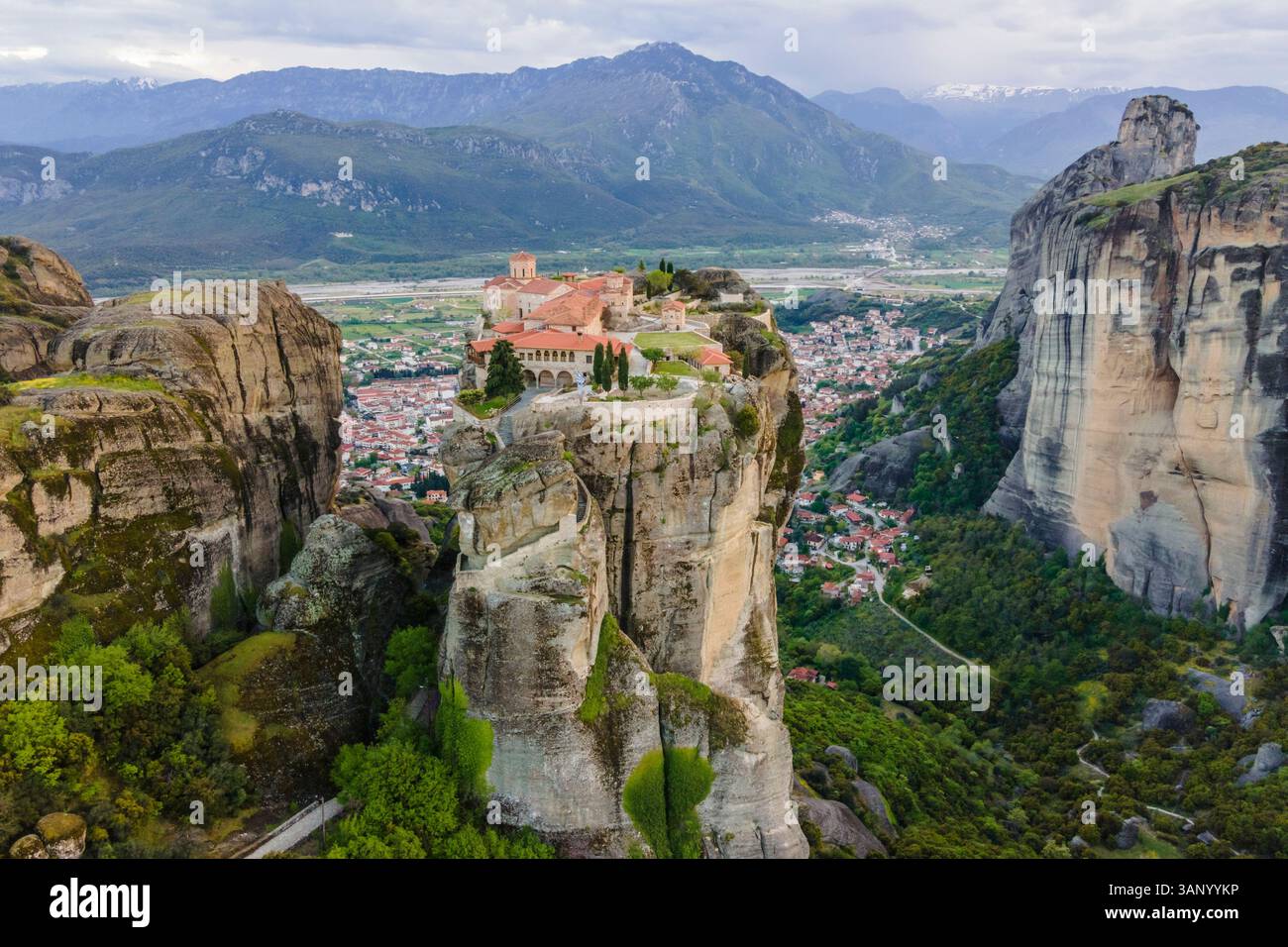 Aerial view of The Holy Trinity Monastery on natural rock formation, an ...