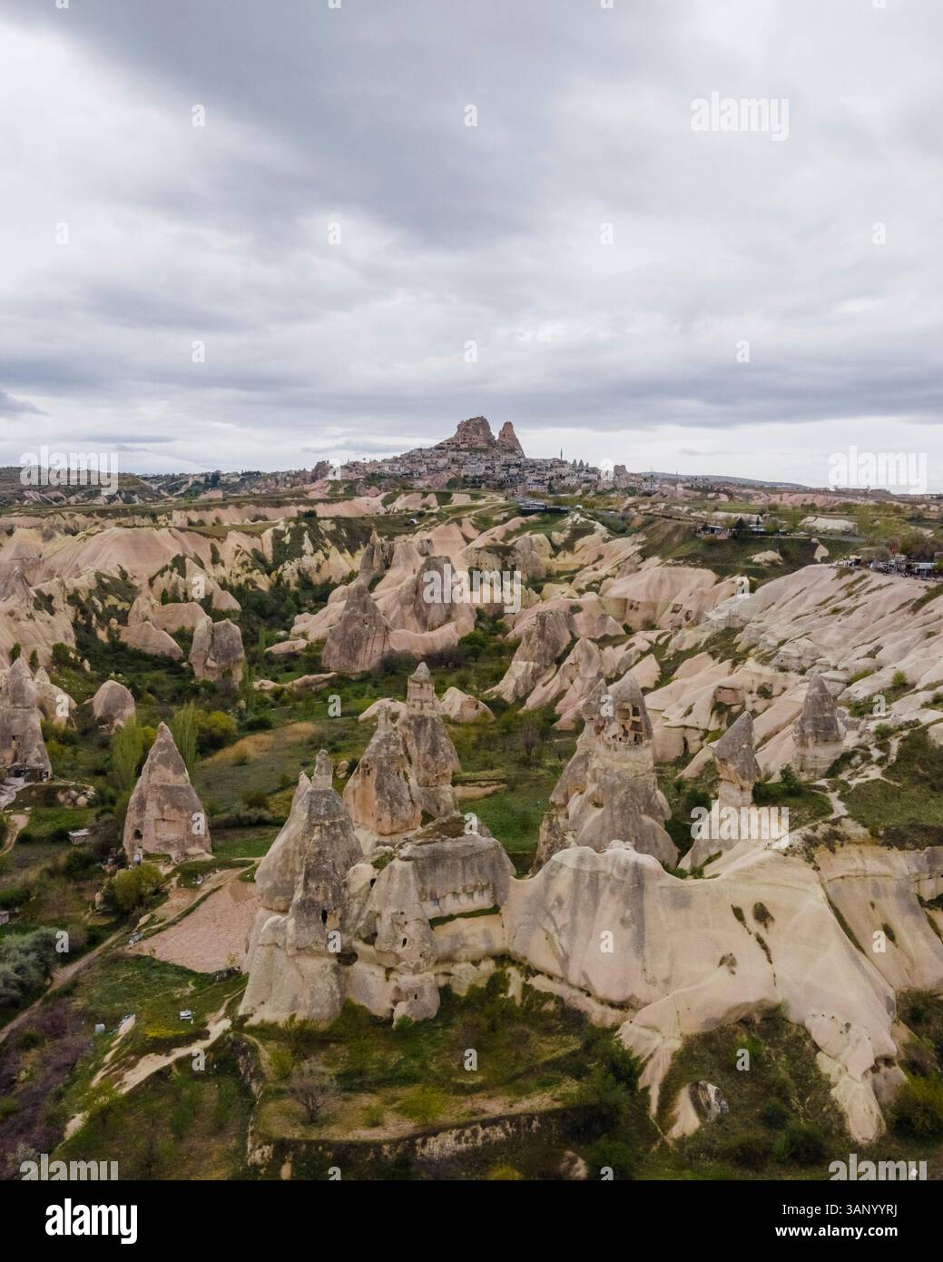 Aerial view of Goreme Valley and National Park with fairy chimney rock ...