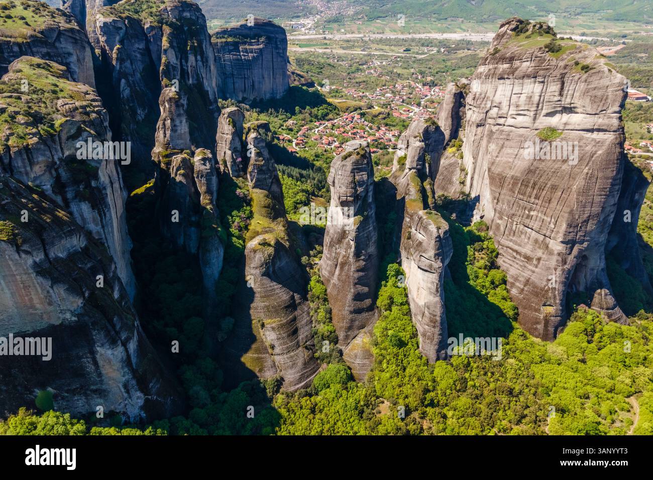 Aerial view of the landscape of Meteora unique rock formations with ...