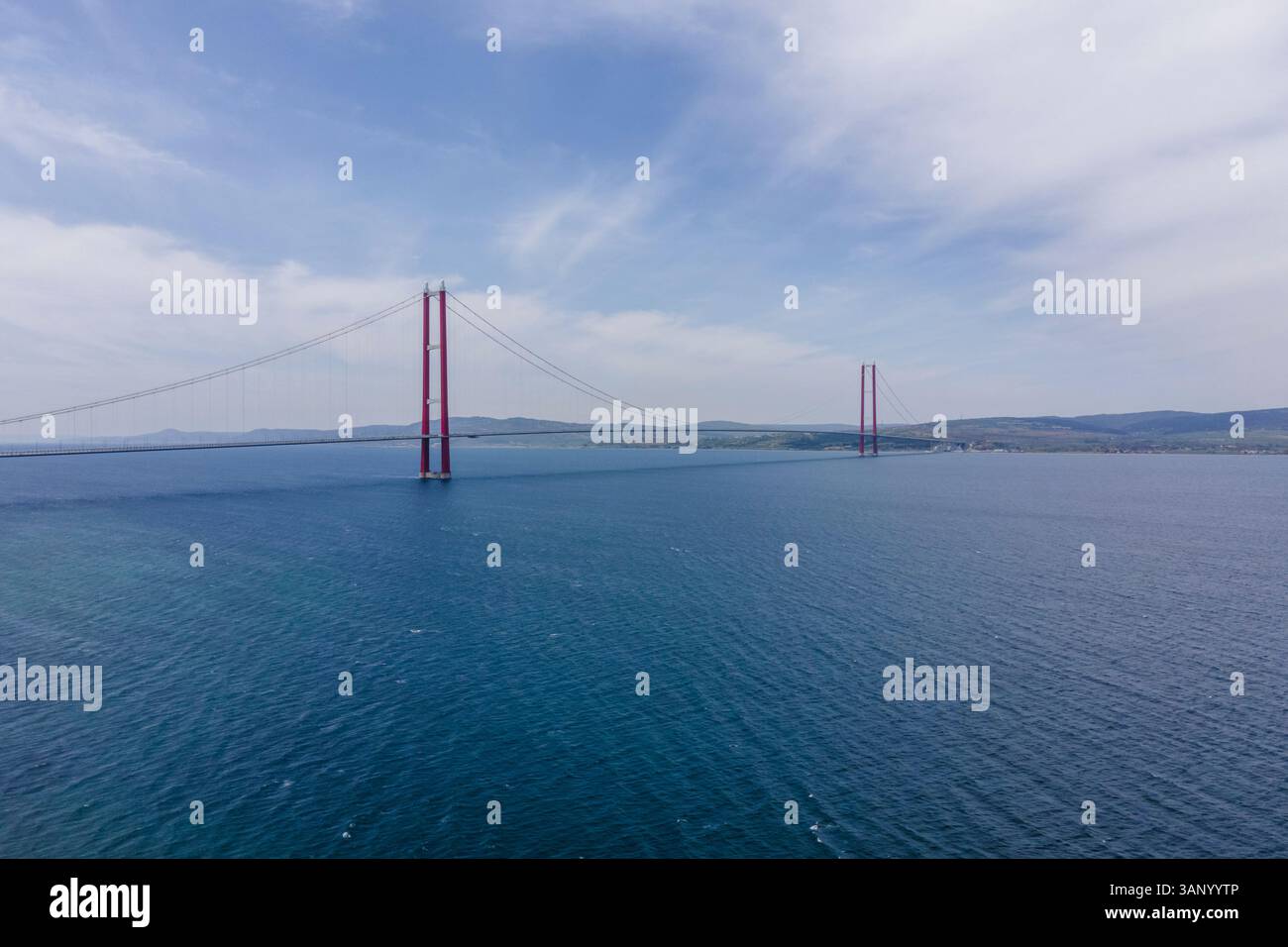 Aerial view of Canakkale Bridge crossing the Dardanelles Strait on ...