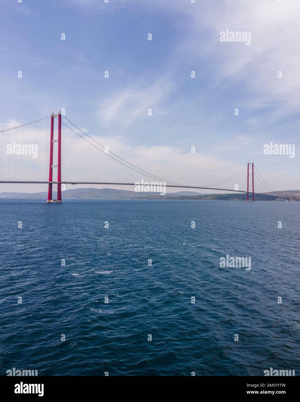 Aerial view of Canakkale Bridge crossing the Dardanelles Strait on ...