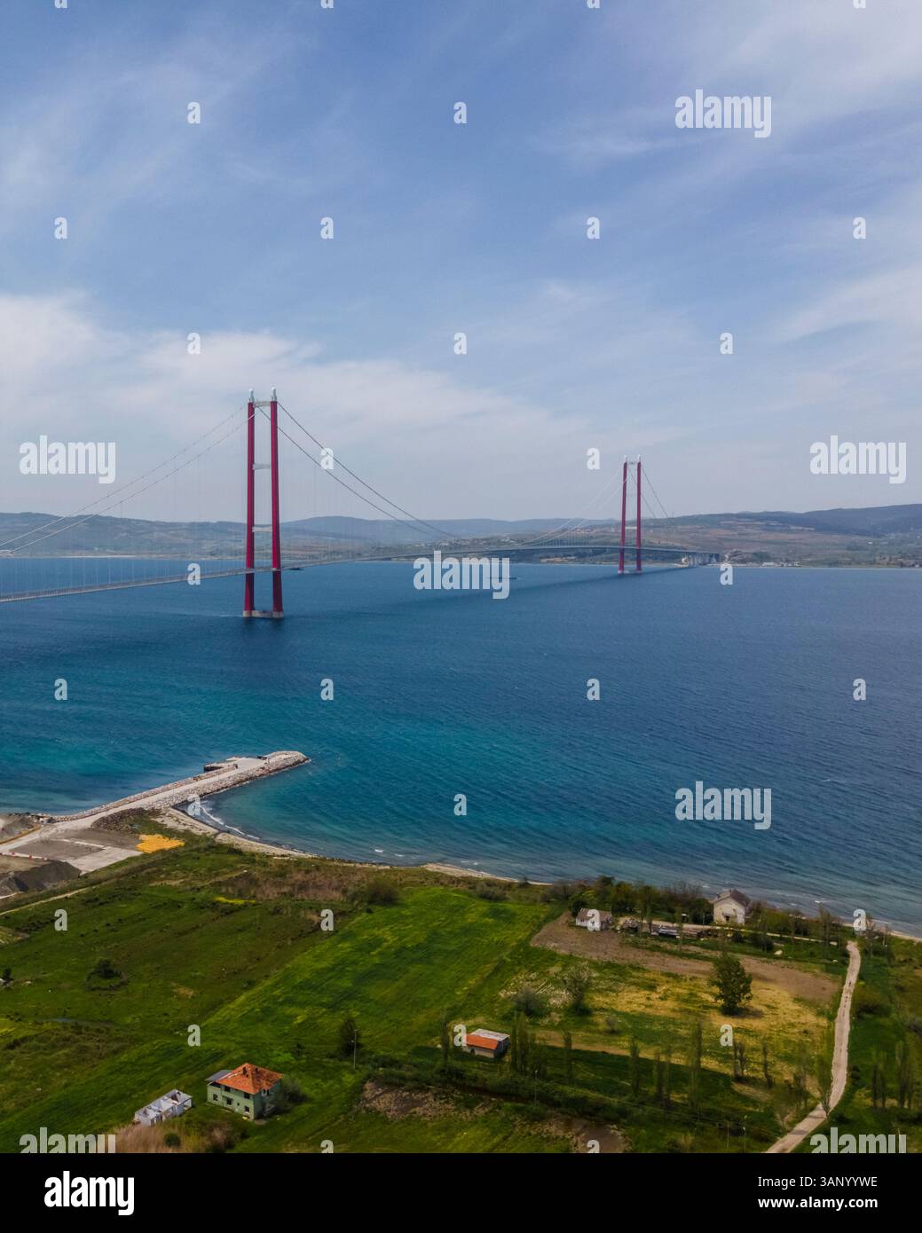 Aerial view of Canakkale Bridge crossing the Dardanelles Strait on ...
