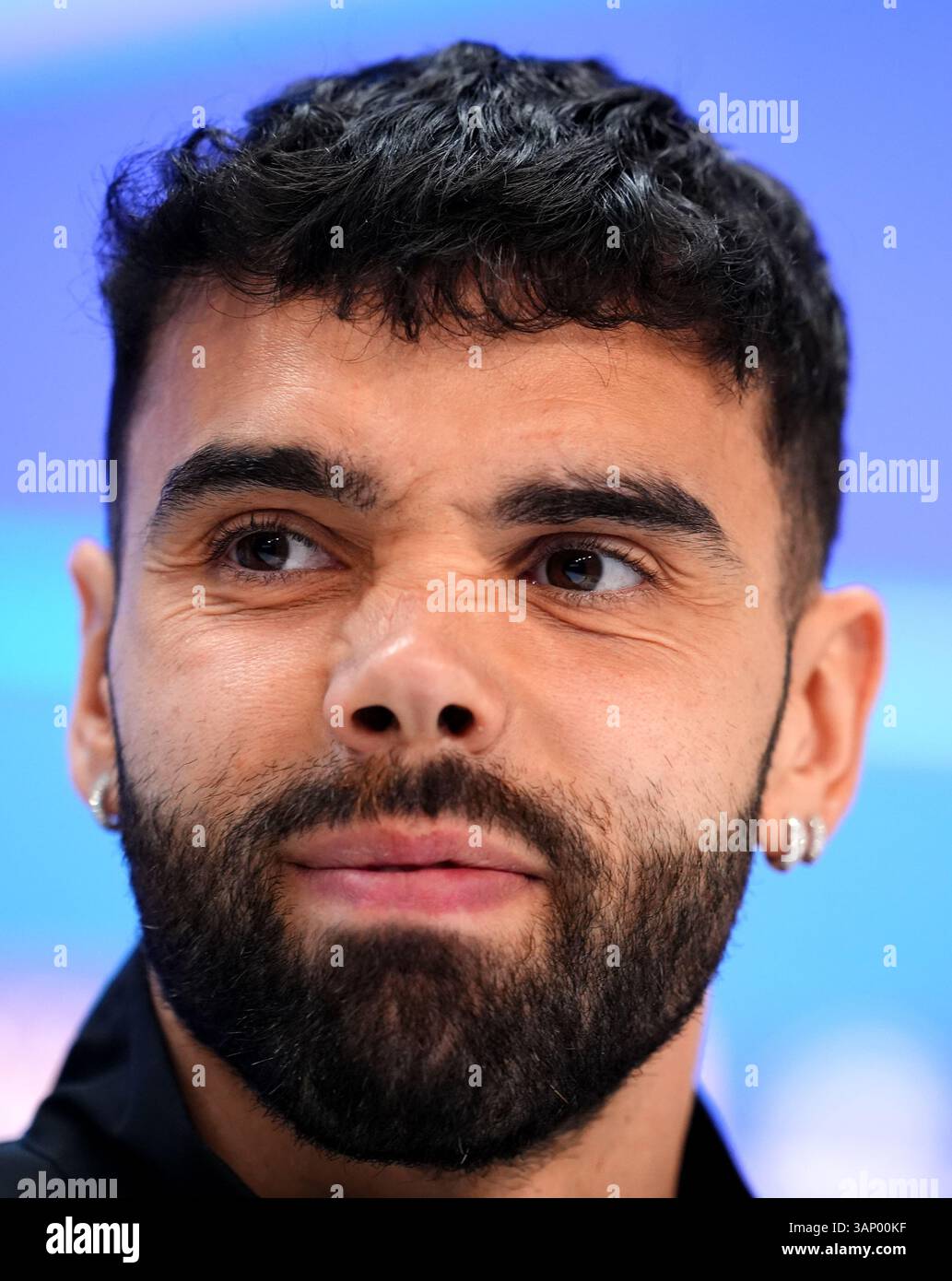 Arsenal goalkeeper David Raya during a press conference at the Santiago ...