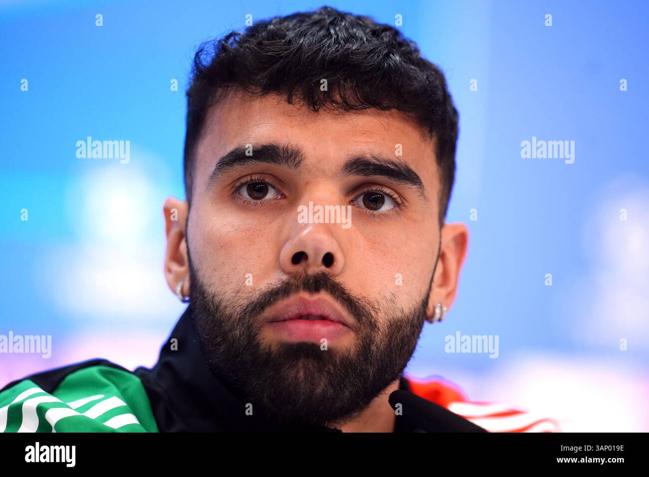 Arsenal goalkeeper David Raya during a press conference at the Santiago ...
