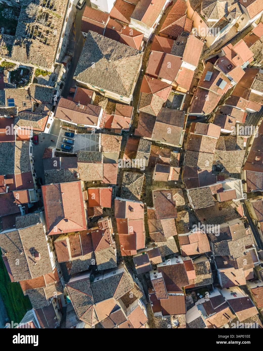 Aerial view of Ripacandida rooftops, a small town on the hilltop near ...