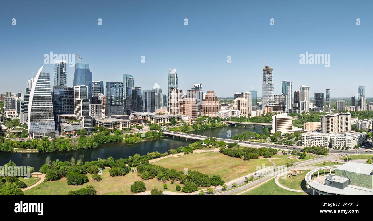 Aerial panoramic skyline of Austin Texas from Butler Metro Park with ...