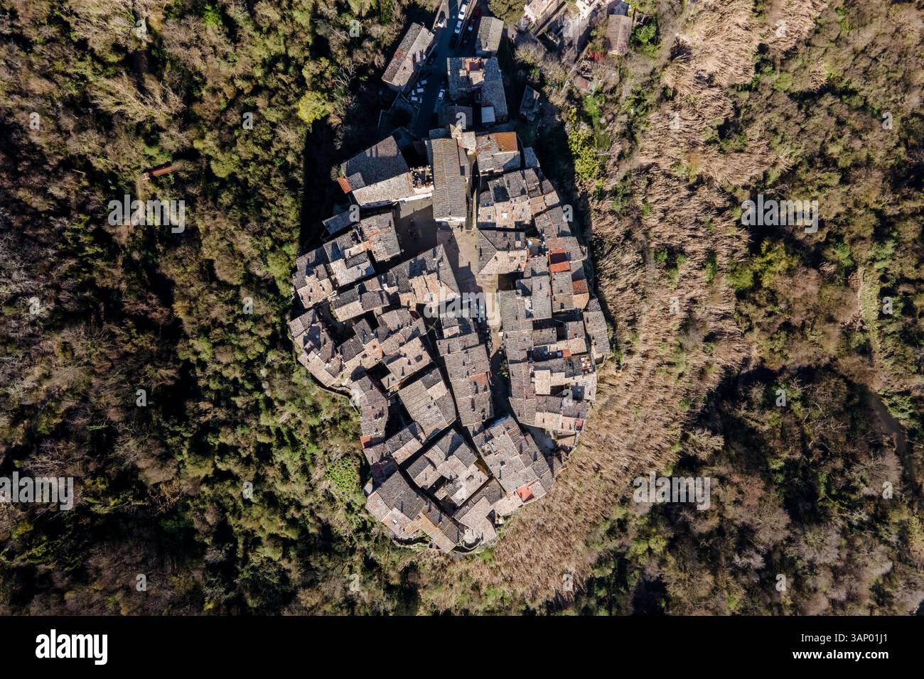 Aerial view of Calcata Vecchia, a medieval old town in Lazio Region ...