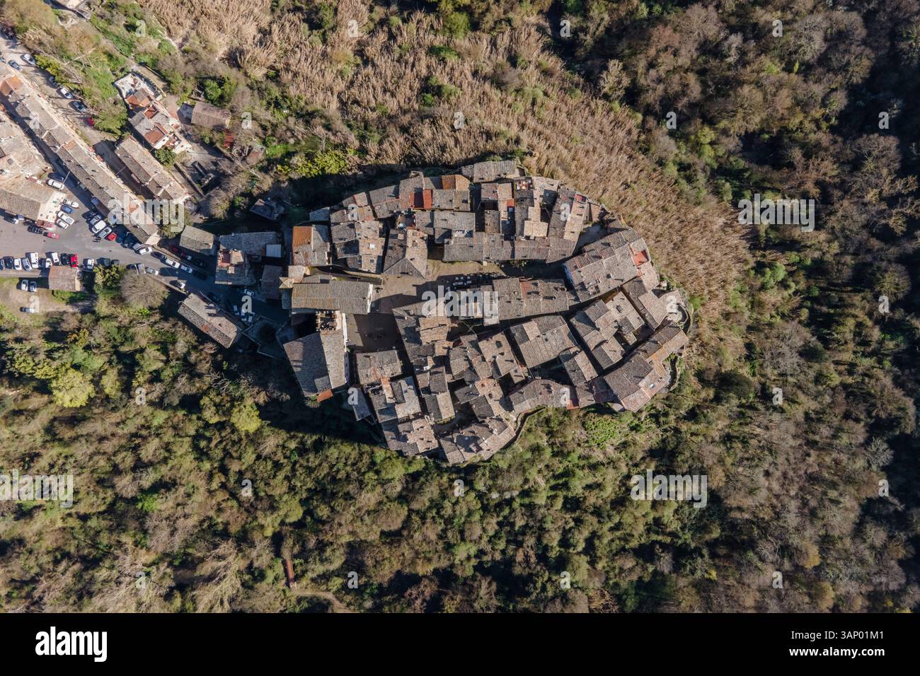 Aerial view of Calcata Vecchia, a medieval old town in Lazio Region ...