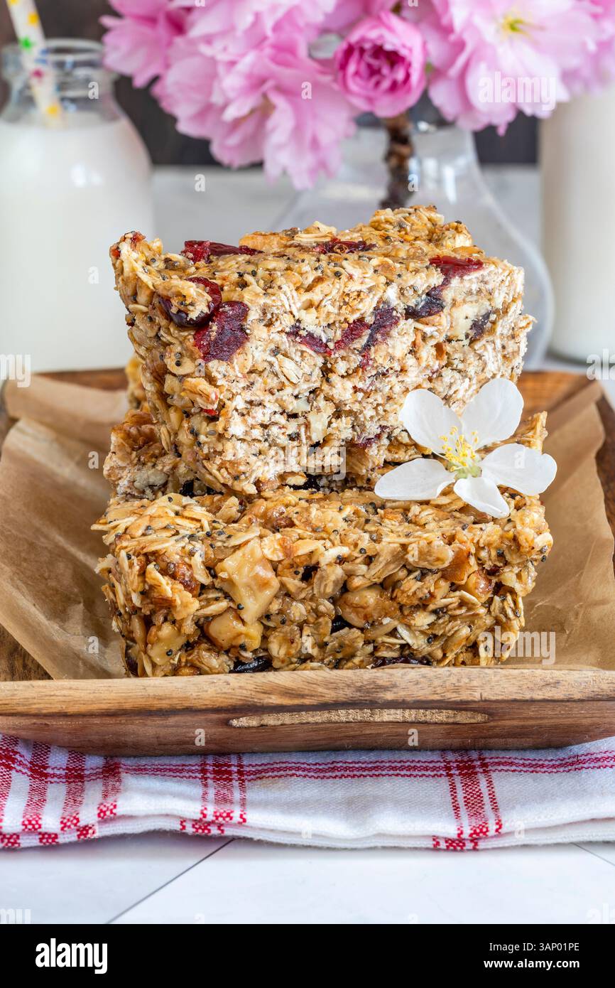 Homemade breakfast bars made of rolled oats, nuts, dried cranberries ...