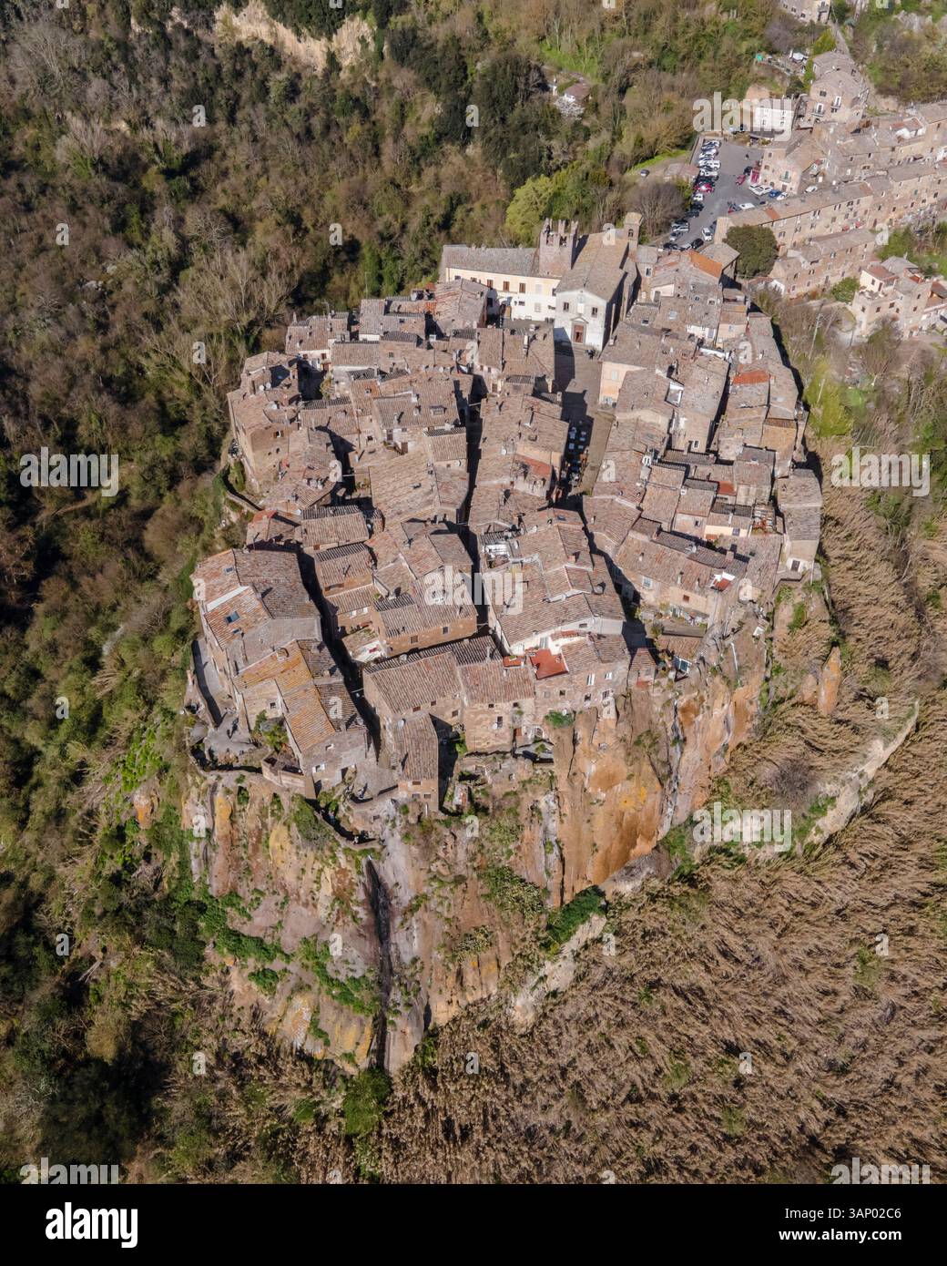 Aerial view of Calcata Vecchia, a medieval old town in Lazio Region ...