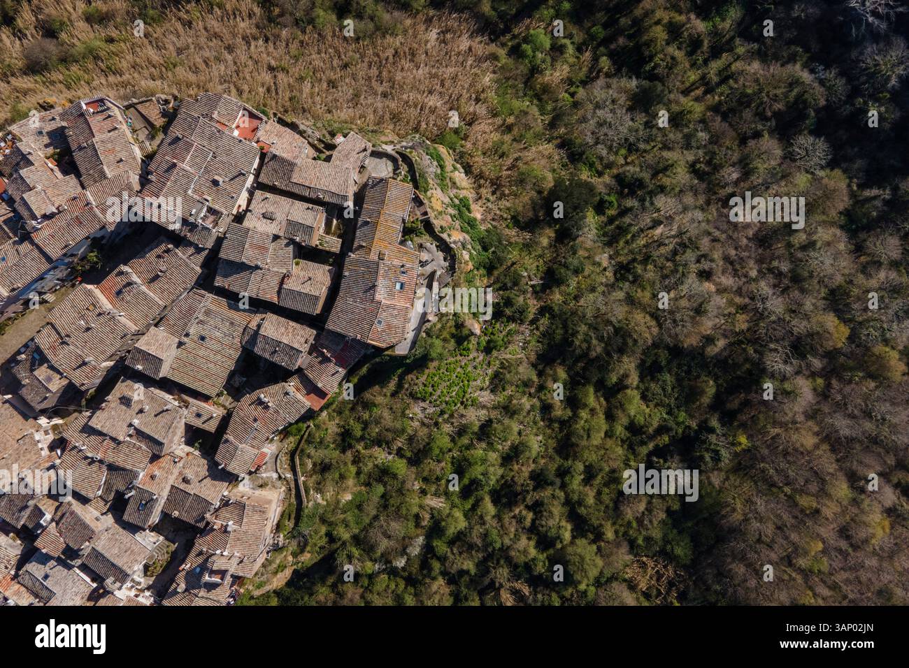 Aerial view of Calcata Vecchia, a medieval old town in Lazio Region ...