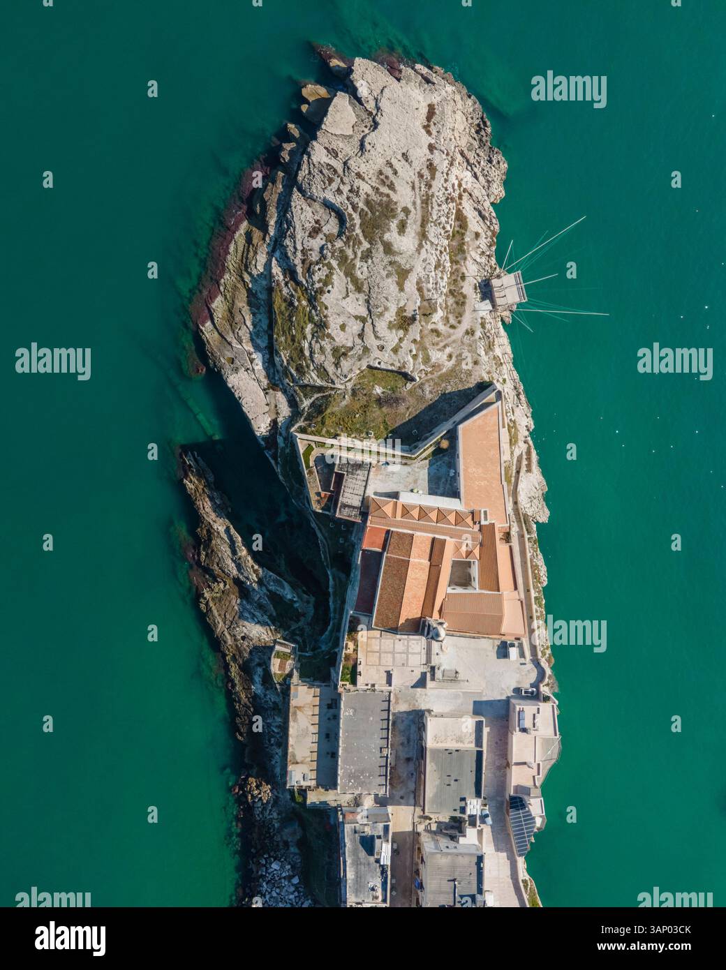 Aerial view of San Francesco point promontory in Vieste old town along ...