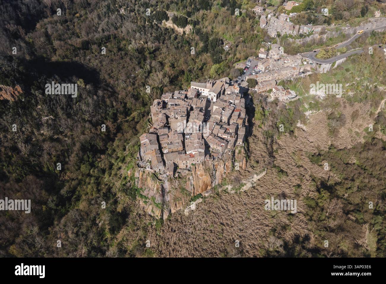 Aerial view of Calcata Vecchia, a medieval old town in Lazio Region ...