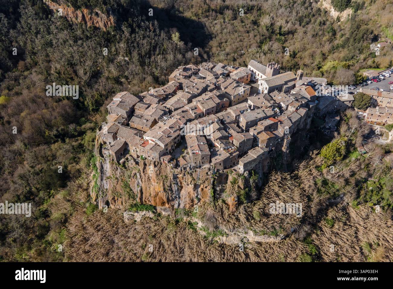 Aerial view of Calcata Vecchia, a medieval old town in Lazio Region ...
