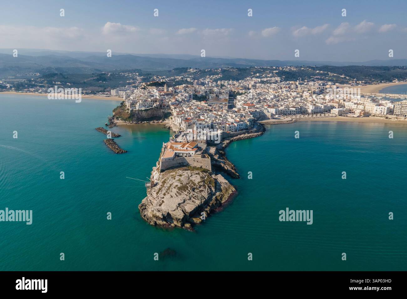 Aerial view of Vieste, a small town along the coast in the Gargano ...