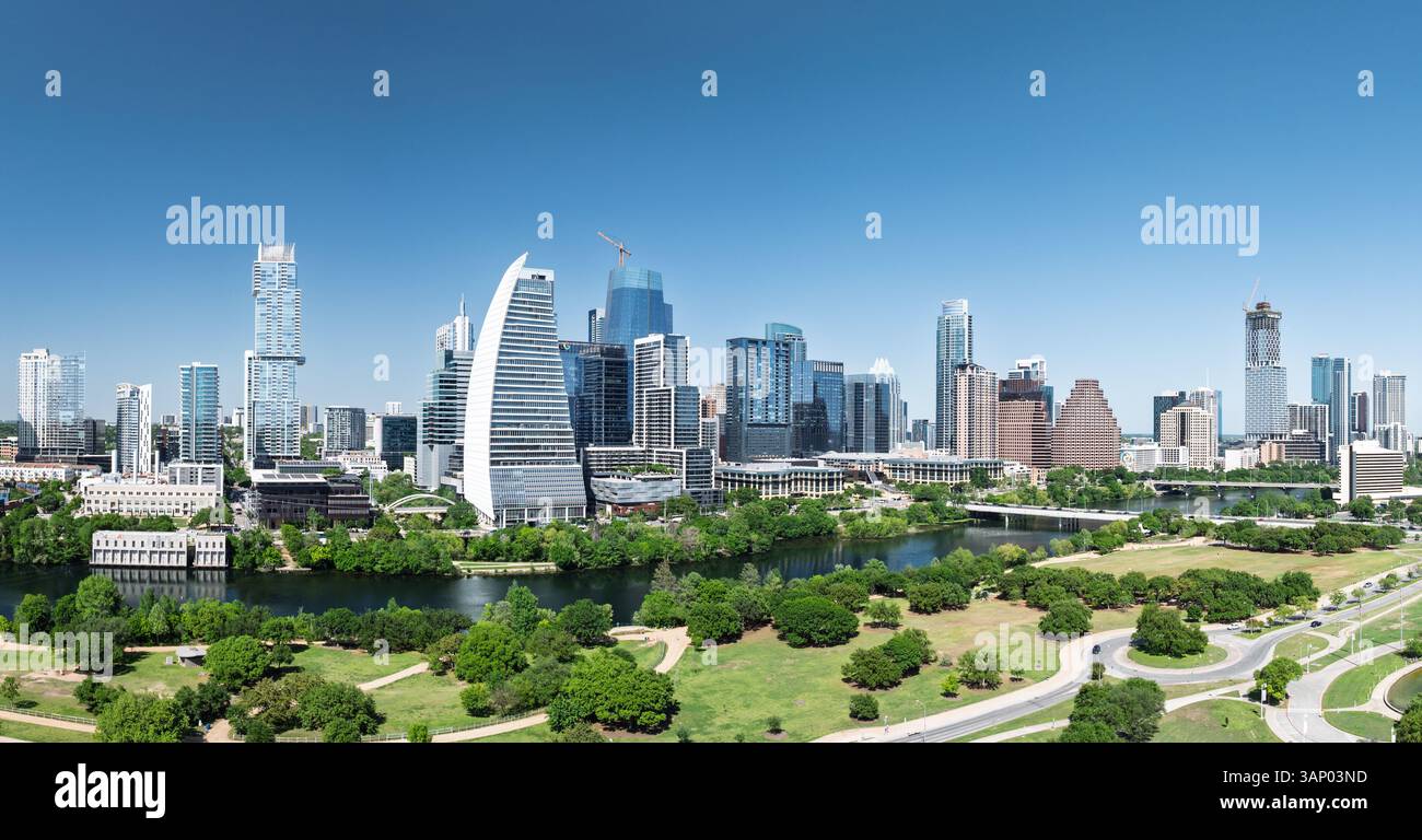 Austin, TX - 10 April 2025: Aerial panoramic skyline of Austin Texas ...