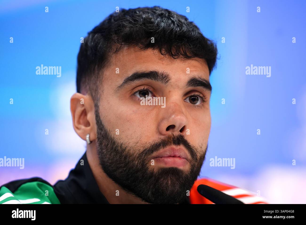 Arsenal goalkeeper David Raya during a press conference at the Santiago ...