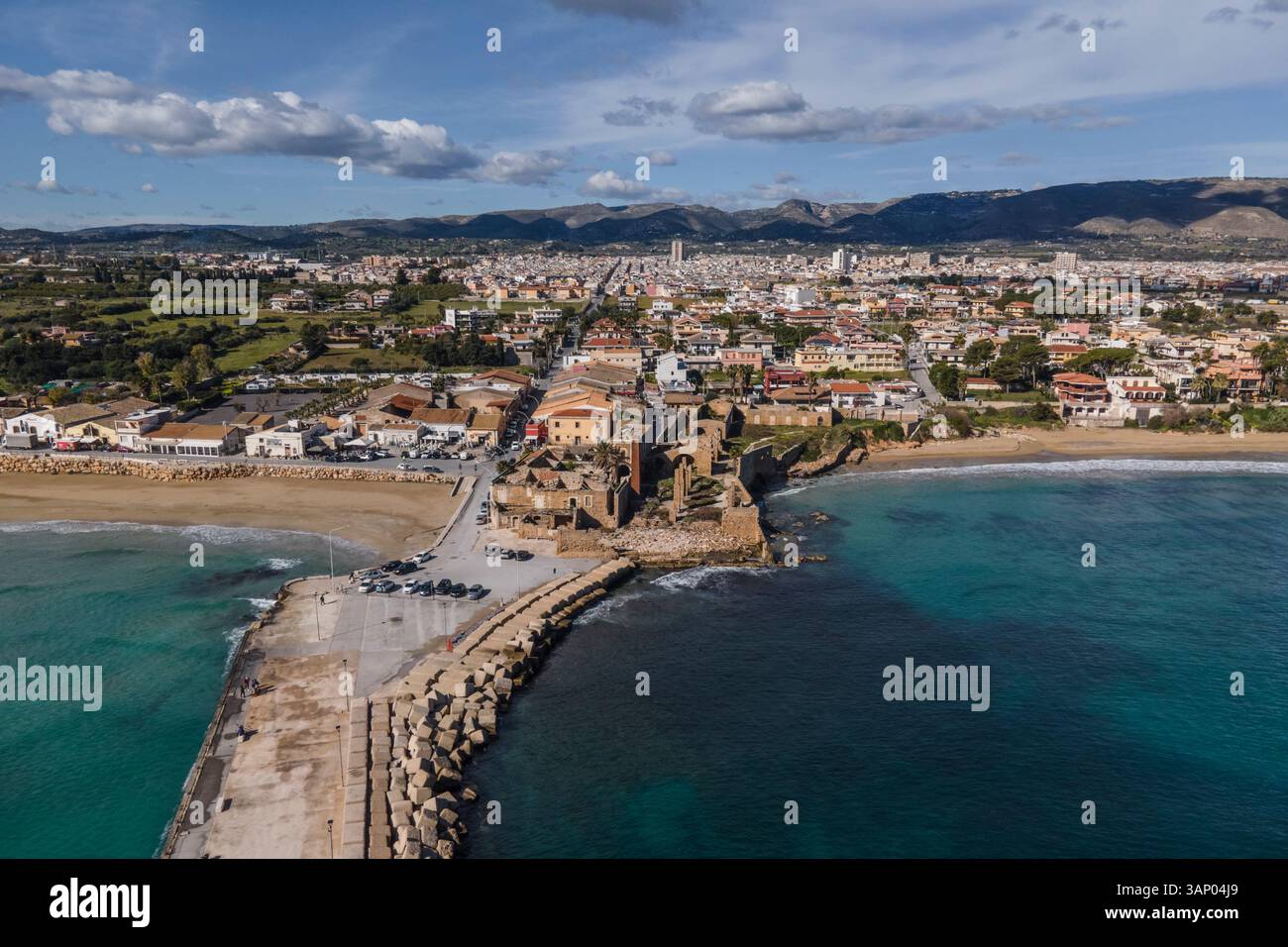 Aerial view of a tuna-fishing nets (Antica Tonnara), a complex of ruins ...
