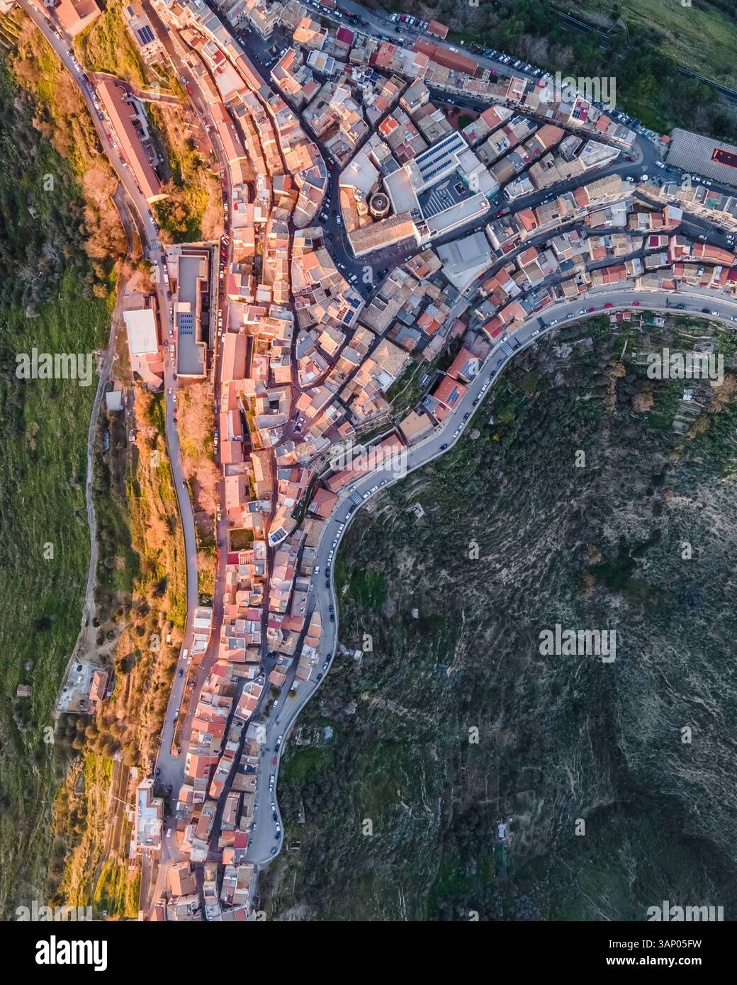 Aerial view of Centuripe, a small town on mountain crests in Enna ...