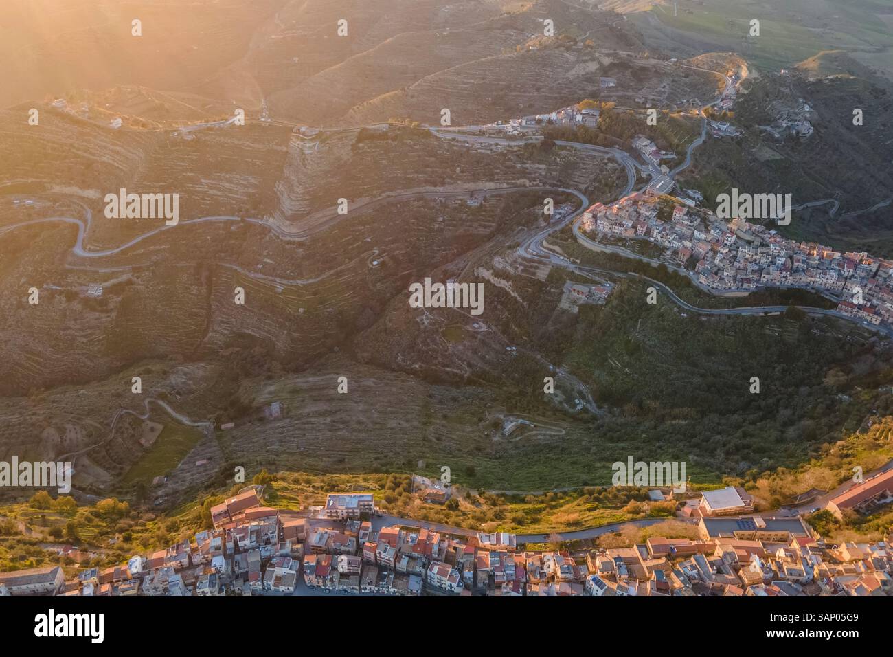 Aerial view of Centuripe, a small town on mountain crests in Enna ...