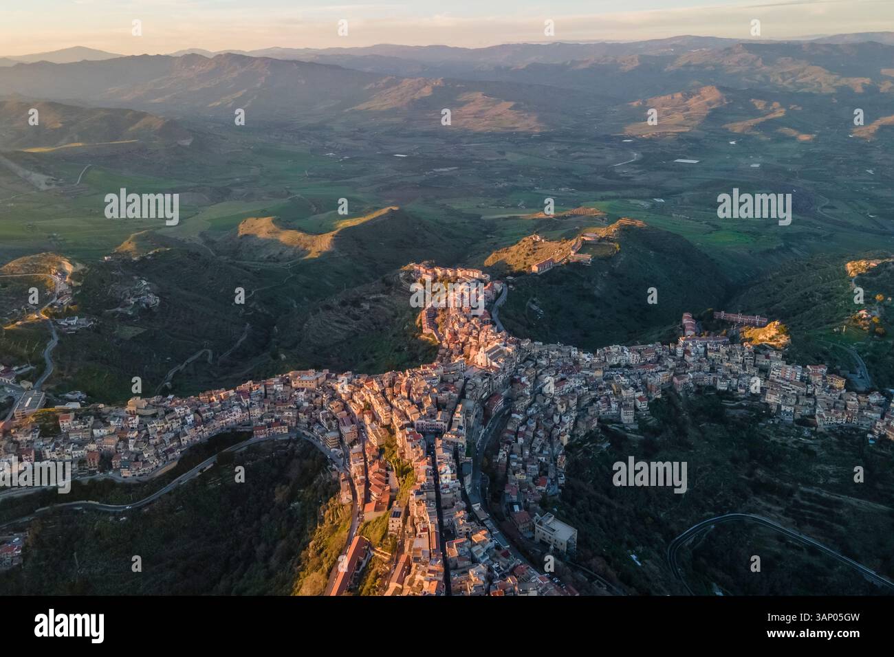 Aerial view of Centuripe, a small town on mountain crests in Enna ...