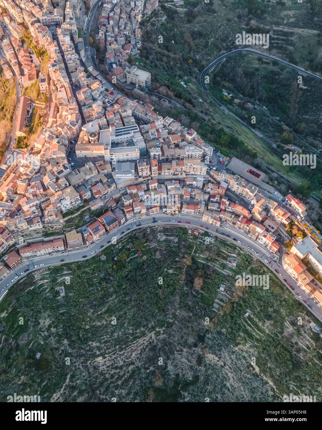 Aerial view of Centuripe, a small town on mountain crests in Enna ...