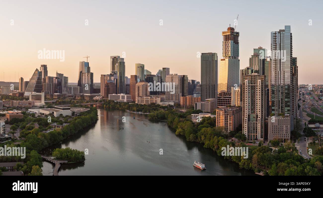 Austin, TX - 10 April 2025: Aerial panoramic skyline of Austin Texas ...