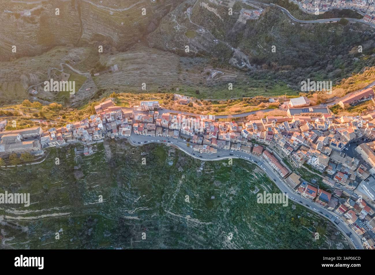 Aerial view of Centuripe, a small town on mountain crests in Enna ...