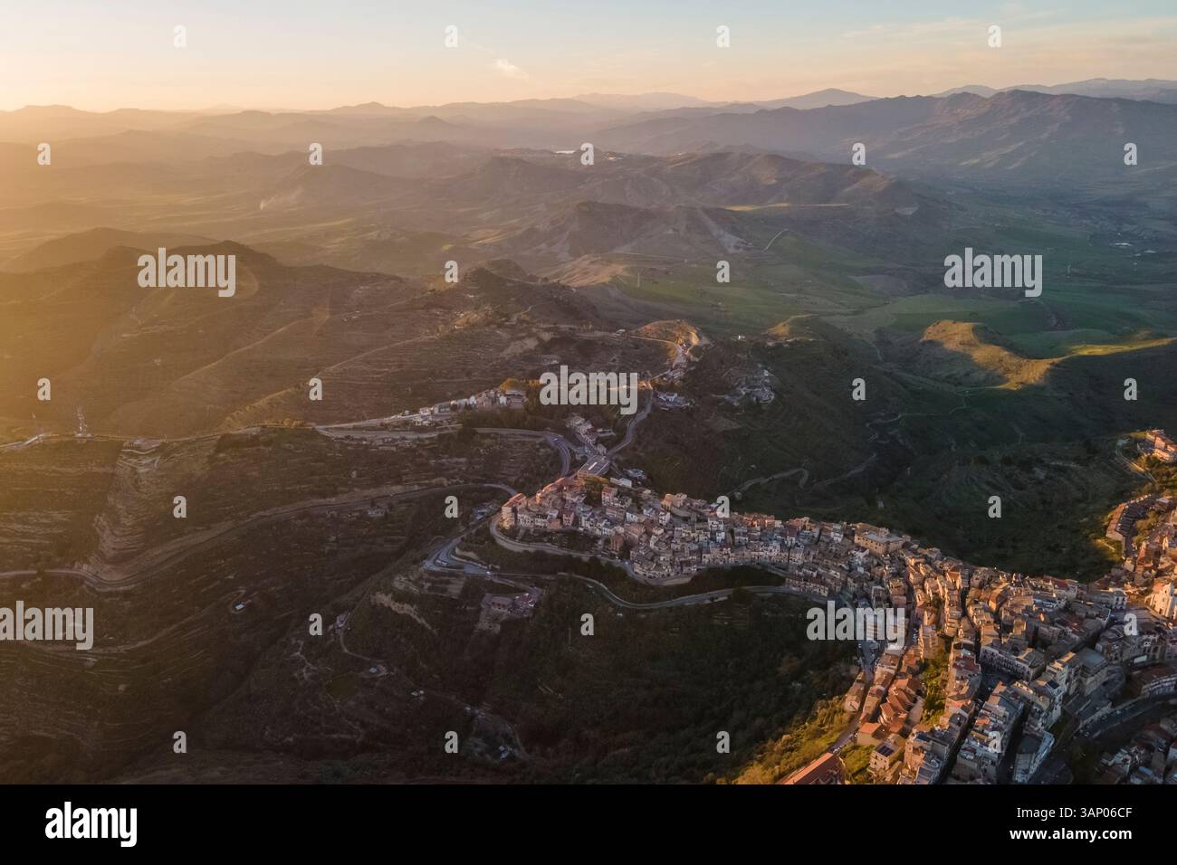Aerial view of Centuripe, a small town on mountain crests in Enna ...
