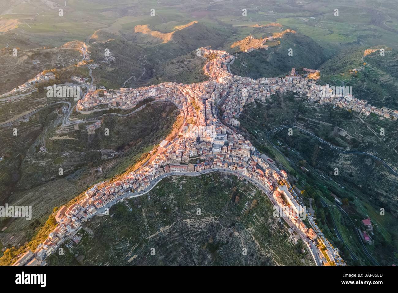 Aerial view of Centuripe, a small town on mountain crests in Enna ...
