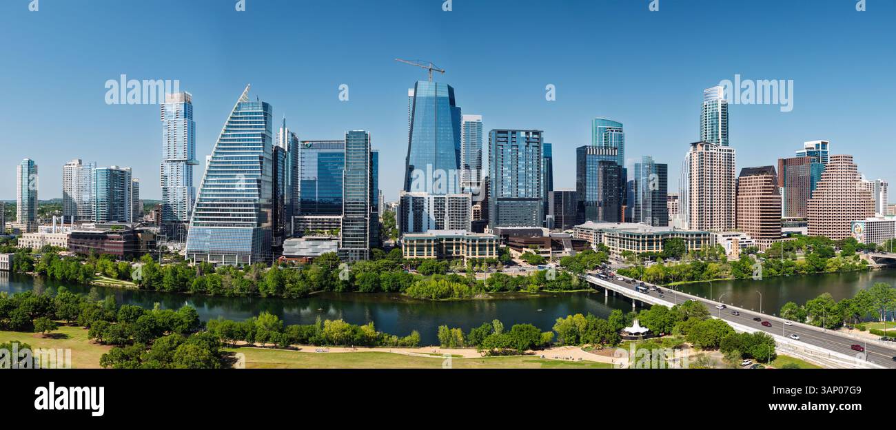 Austin, TX - 10 April 2025: Aerial panoramic skyline of Austin Texas ...