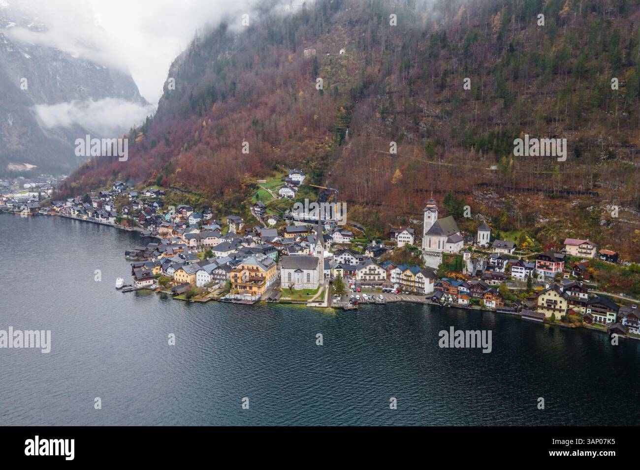 Aerial view of Hallstatt along the Hallstatter See in winter, Upper ...