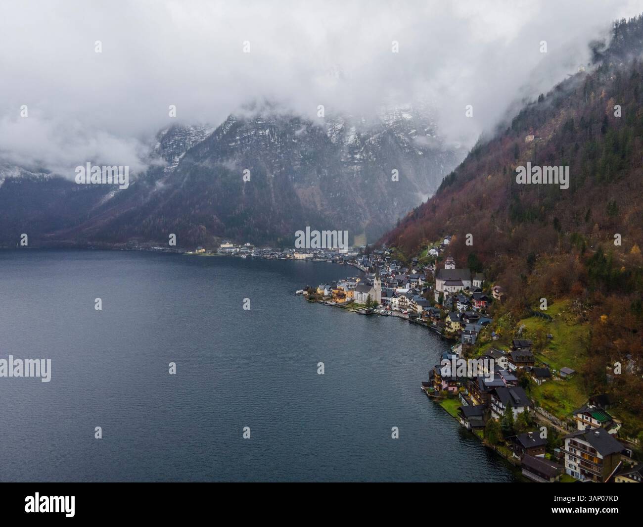 Aerial view of Hallstatt along the Hallstatter See in winter, Upper ...