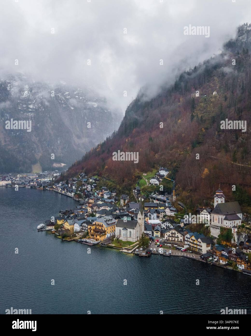 Aerial view of Hallstatt along the Hallstatter See in winter, Upper ...