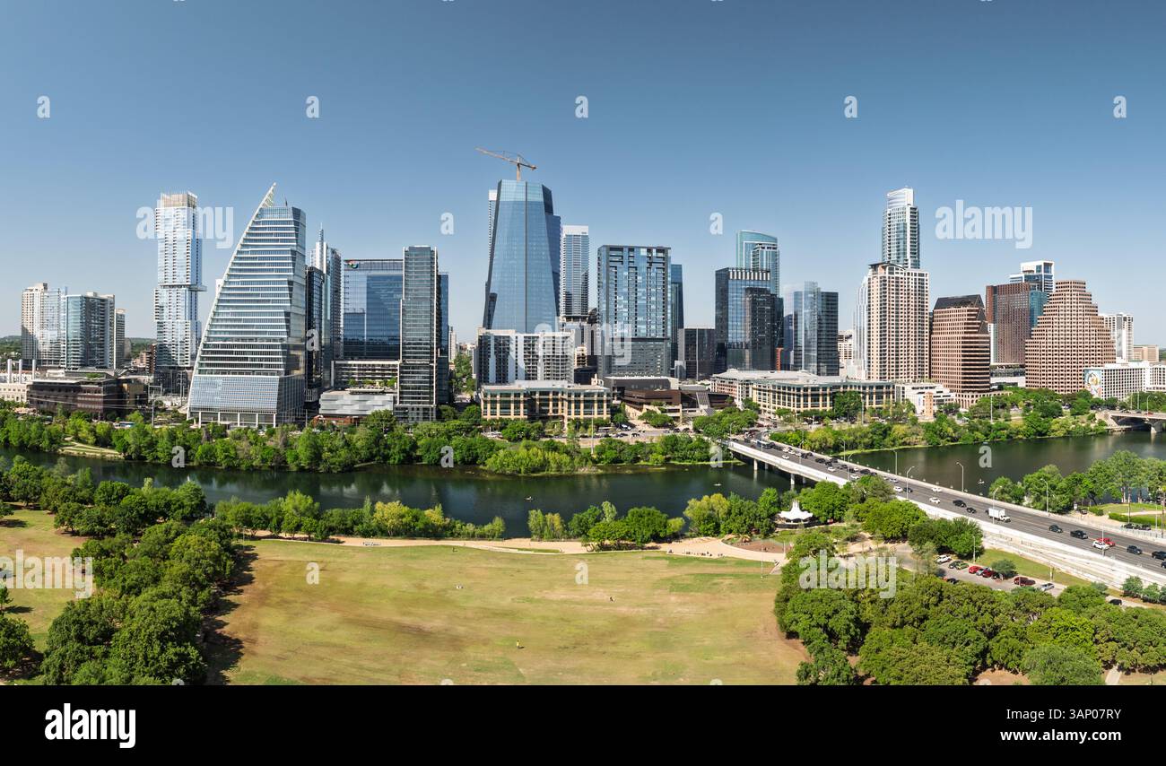 Austin, TX - 10 April 2025: Aerial panoramic skyline of Austin Texas ...