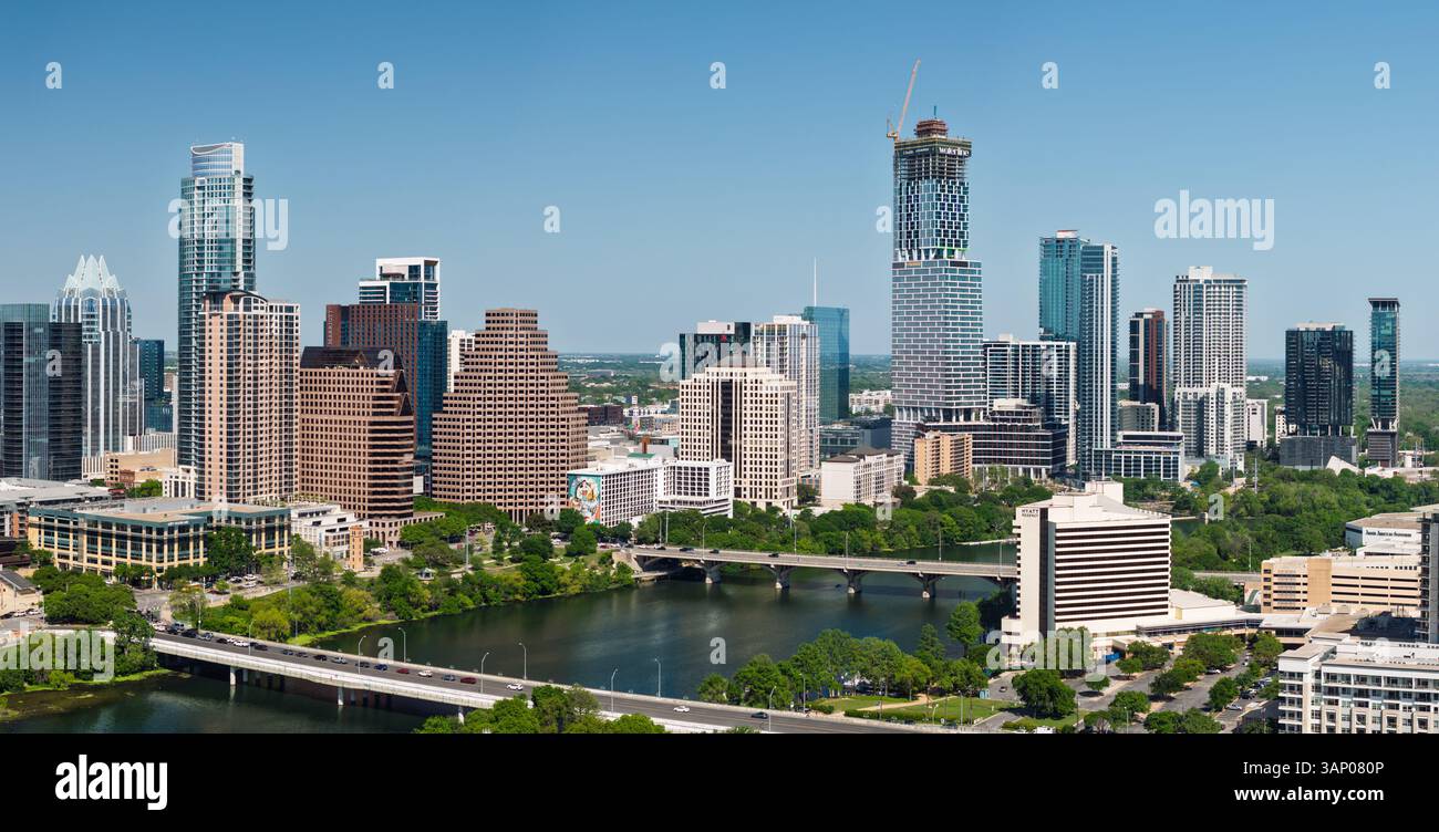 Austin, TX - 10 April 2025: Aerial panoramic skyline of Austin Texas ...
