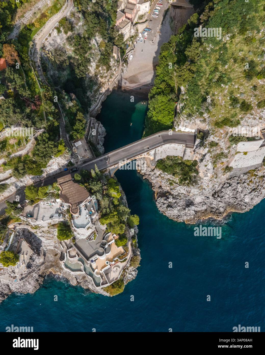 Aerial view of a bridge crossing the fjord in Furore, a small town ...