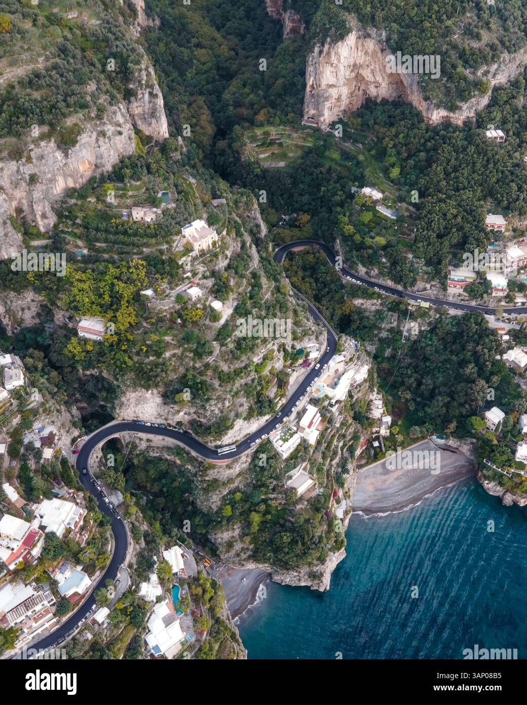Aerial view of a scenic road in Positano on the Amalfi Coast drive ...