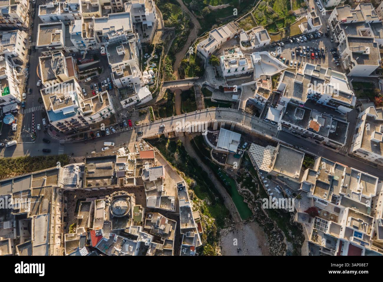 Aerial view of a suspended bridge in Polignano a Mare old town, Bari ...