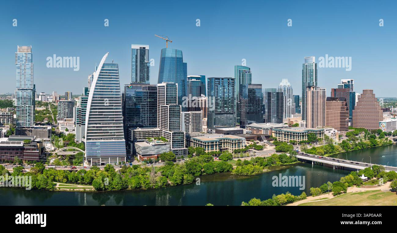 Austin, TX - 10 April 2025: Aerial panoramic skyline of Austin Texas ...