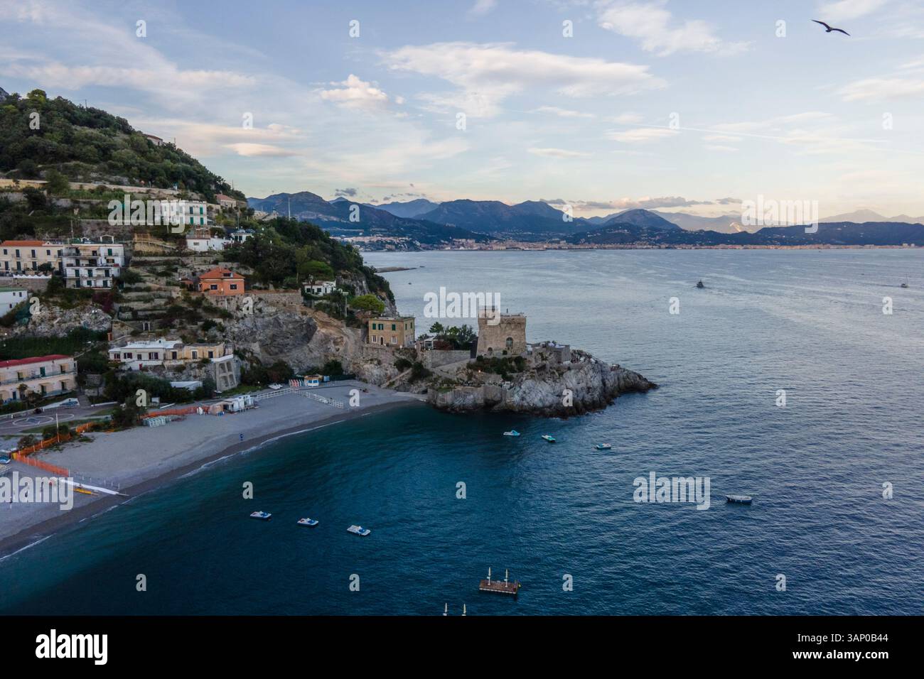 Aerial view of La Ceriola tower in Erchie along the Amalfi Coast ...