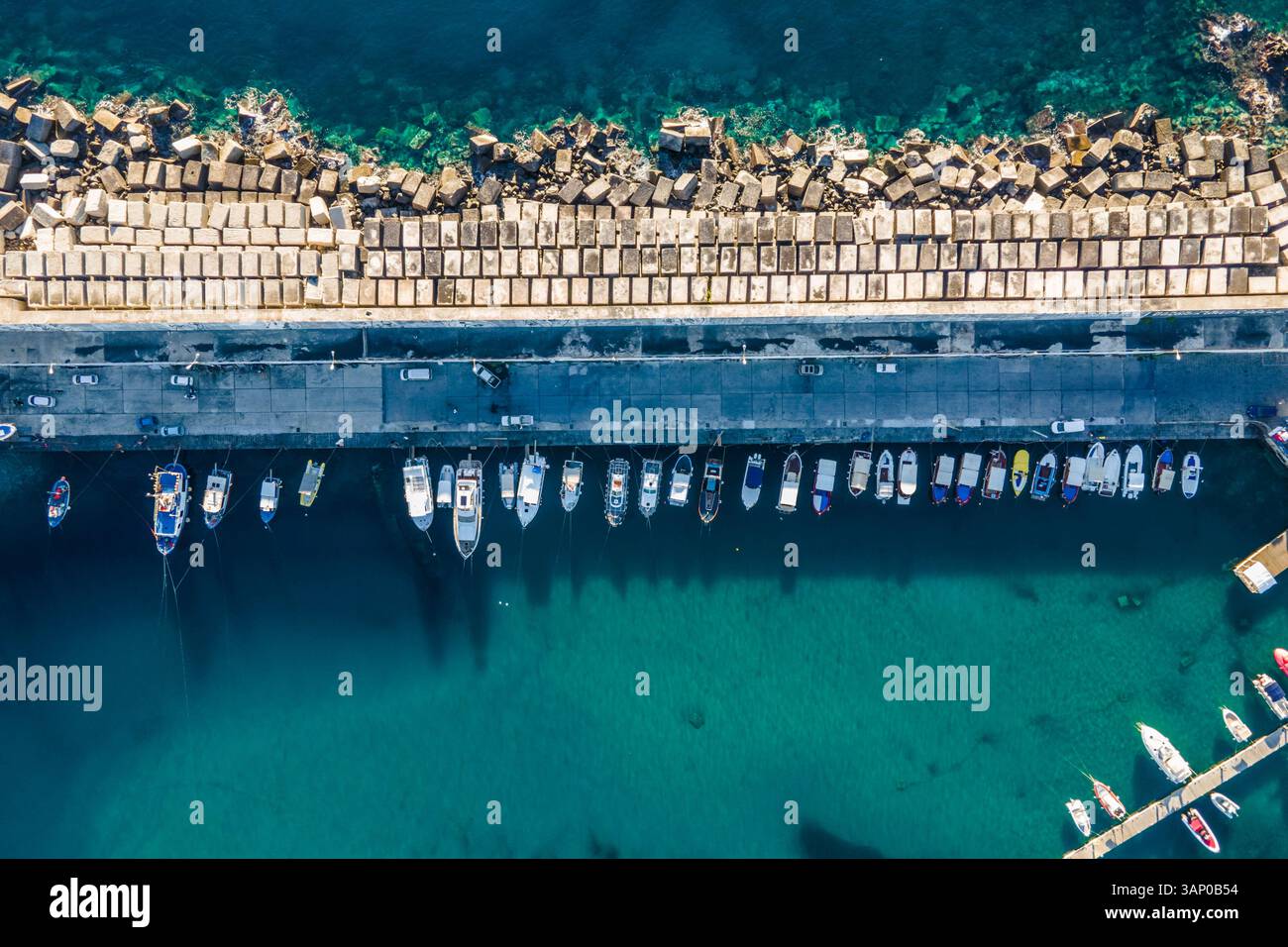 Aerial view of Giardini Naxos port with boats, Taormina, Sicily, Italy ...