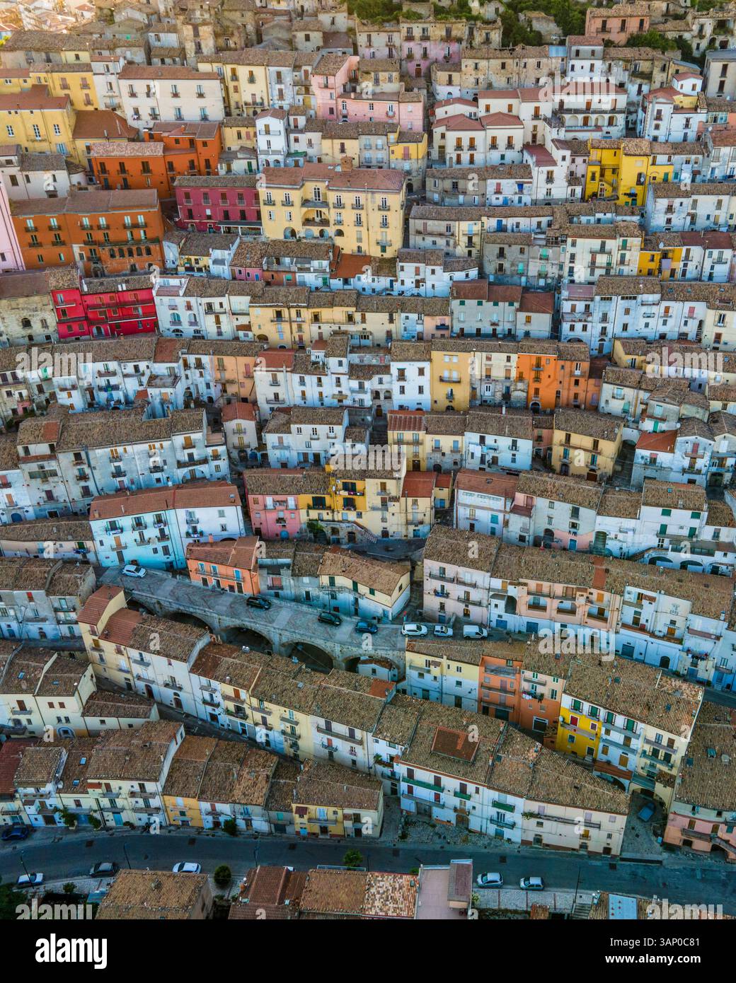 Aerial view of Calitri township on hillside, a colourful town in ...
